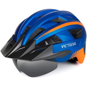 victgoal bike helmet for men women with led light detachable magnetic goggles removable sun visor mountain & road bicycle helmets adjustable size adult cycling helmets (l: 57-61 cm, blue)