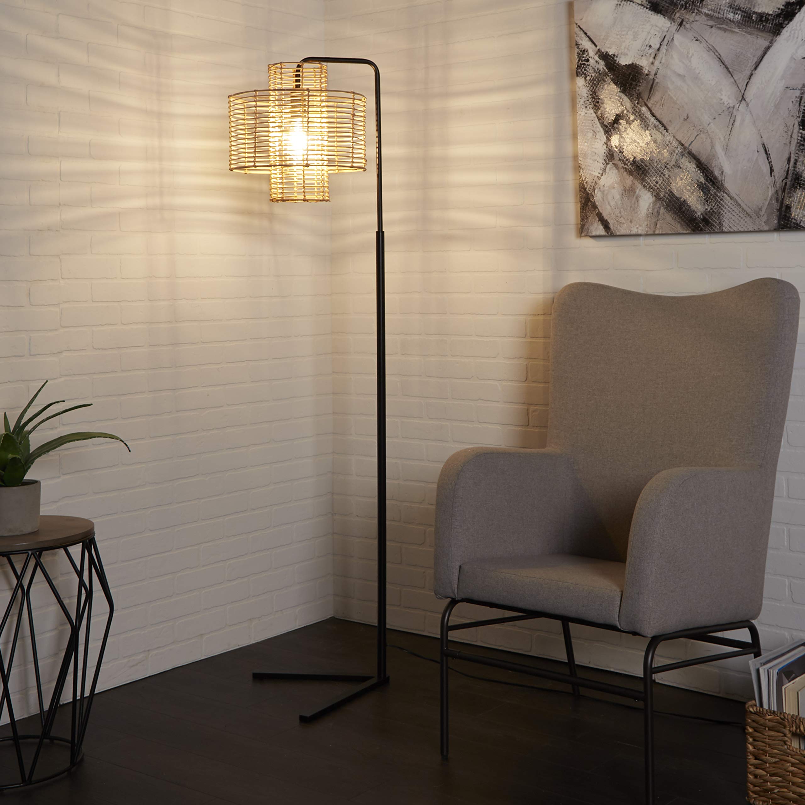 Cyndi 70" Hangover Floor Lamp with Woven Rattan Shade, Black