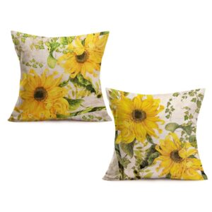 fukeen sunflower decorative holiday pillow covers yellow floral design pillow cases square cotton linen set of 2 throw pillow cushion cover home sofa garden decor pillow sham 18”x 18”