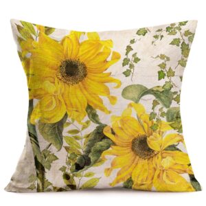 Fukeen Sunflower Decorative Holiday Pillow Covers Yellow Floral Design Pillow Cases Square Cotton Linen Set of 2 Throw Pillow Cushion Cover Home Sofa Garden Decor Pillow Sham 18”x 18”