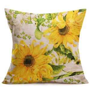 Fukeen Sunflower Decorative Holiday Pillow Covers Yellow Floral Design Pillow Cases Square Cotton Linen Set of 2 Throw Pillow Cushion Cover Home Sofa Garden Decor Pillow Sham 18”x 18”