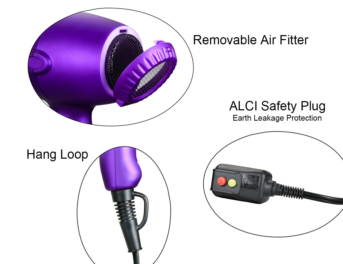 Purple Professional Light Weight Hair Dryer 1875W Tourmaline Ceramic Negative Ionic Blow Dryer with Diffuser & Concentrator & Comb