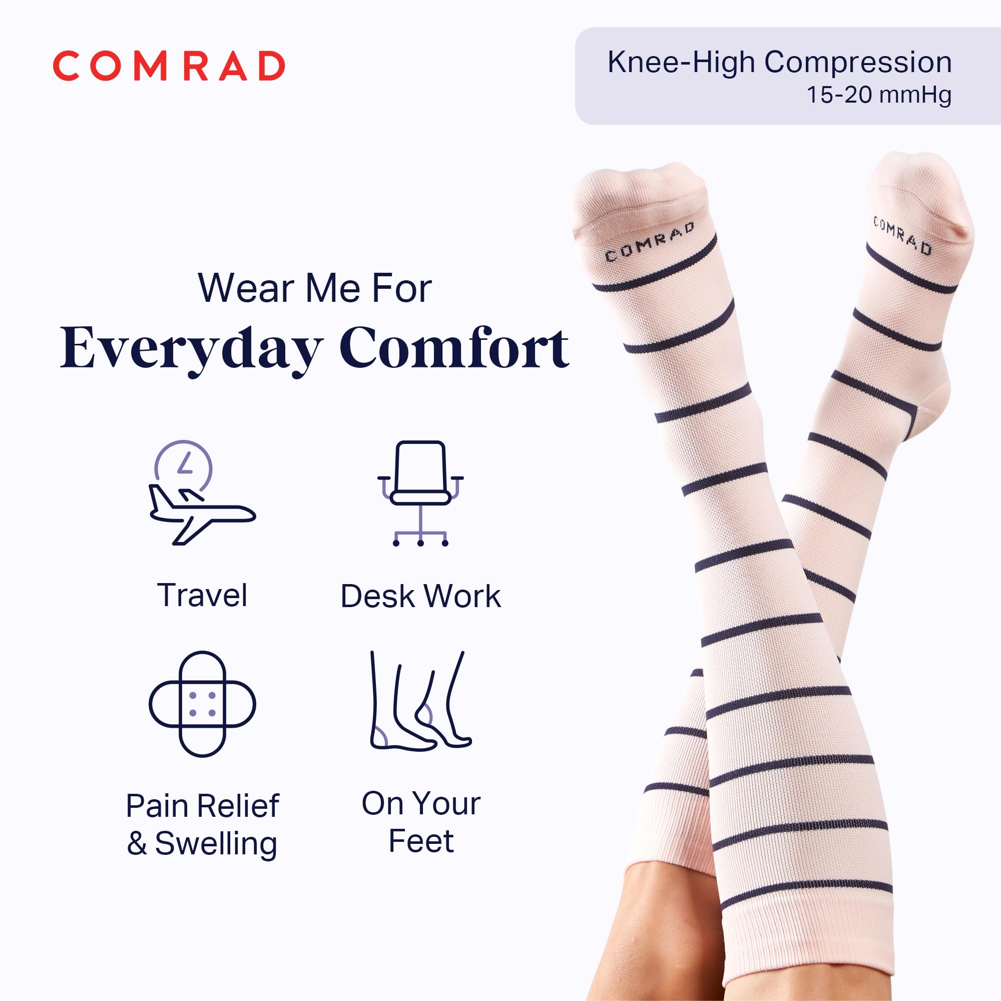 Comrad Nylon Knee High Socks - 15-20mmHg Graduated Compression Socks, (Medium, Rose/Navy) - Soft & Breathable Support Socks for Men, Pregnant Women, Nurses, Home, Work, & Travel