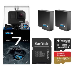 gopro hero 7 black edition with two extra usa batteries + sandisk extreme 64gb microsd + free polaroid 16gb microsd (80gb total)