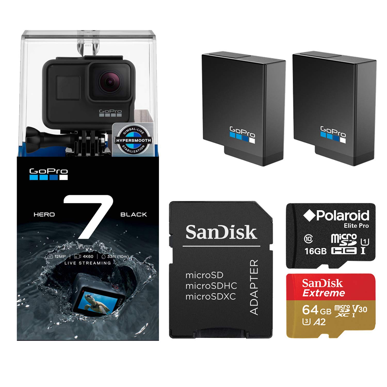 GoPro Hero 7 Black Edition with Two Extra USA Batteries + Sandisk Extreme 64GB MicroSD + Free Polaroid 16GB MicroSD (80GB Total)