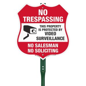 smartsign 12 x 11.5 inch “no trespassing - property protected by video surveillance, no soliciting” yard sign with 3 foot stake, 40 mil laminated rustproof aluminum, red, black and white, set of 1