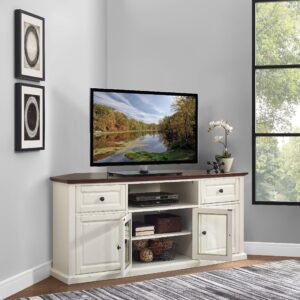 Crosley Furniture Shelby 60" Corner TV Stand, White with Mahogany Top