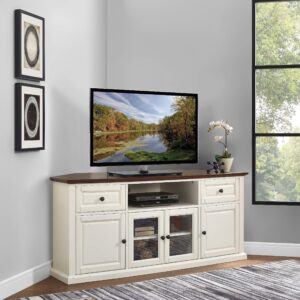 Crosley Furniture Shelby 60" Corner TV Stand, White with Mahogany Top