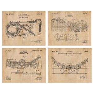 vintage roller coaster patent prints, 4 (8x10) unframed photos, wall art decor gifts under 20 for home office garage man cave shop student teacher coach amusement theme park rides thrill seeker fans