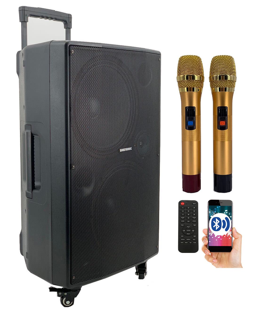 SINGTRONIC BT-1212Pro Professional 5000W Portable 12" Double Woofer Bluetooth Speaker via Unlimitted YouTube Karaoke Free: 2 x Wireless Microphone & Rechargeable Batteries