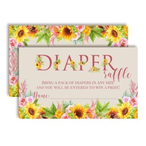 amanda creation watercolor sunflower & peony floral spring diaper raffle tickets for baby showers, 20 2" x 3” double sided inserts, bring a pack of diapers to win favors & priz