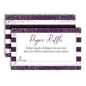 beautiful striped purple & silver diaper raffle tickets for girl baby showers, 20 2" x 3” double sided insert cards for games by amandacreation, bring a pack of diapers to win favors & prizes!