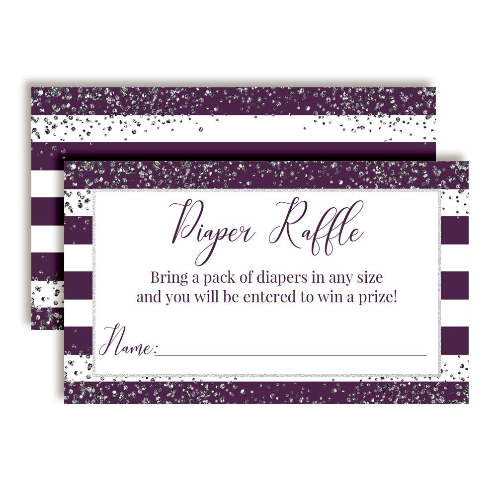 Beautiful Striped Purple & Silver Diaper Raffle Tickets for Girl Baby Showers, 20 2" X 3” Double Sided Insert Cards for Games by AmandaCreation, Bring a Pack of Diapers to Win Favors & Prizes!