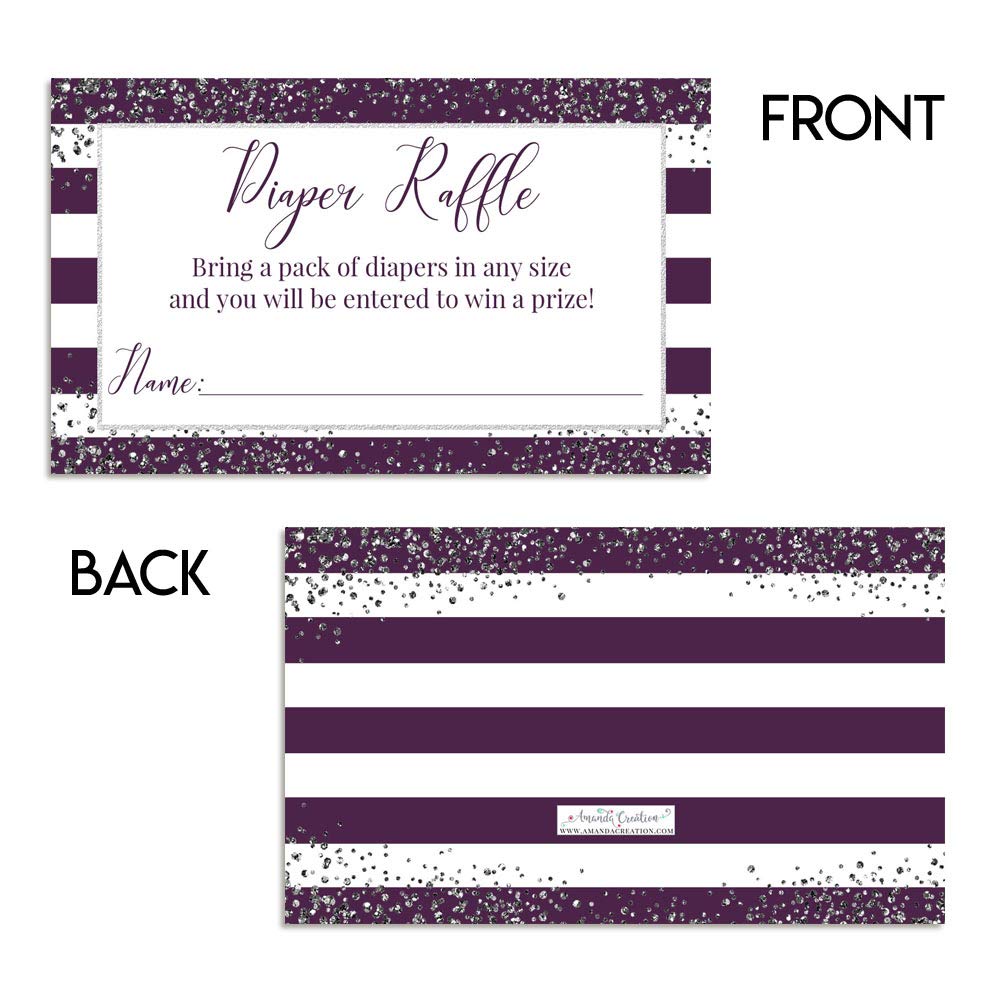 Beautiful Striped Purple & Silver Diaper Raffle Tickets for Girl Baby Showers, 20 2" X 3” Double Sided Insert Cards for Games by AmandaCreation, Bring a Pack of Diapers to Win Favors & Prizes!