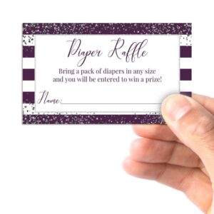 Beautiful Striped Purple & Silver Diaper Raffle Tickets for Girl Baby Showers, 20 2" X 3” Double Sided Insert Cards for Games by AmandaCreation, Bring a Pack of Diapers to Win Favors & Prizes!