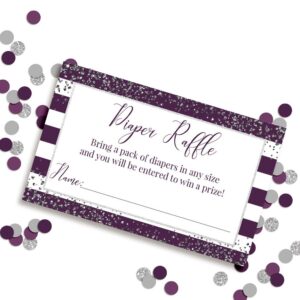 Beautiful Striped Purple & Silver Diaper Raffle Tickets for Girl Baby Showers, 20 2" X 3” Double Sided Insert Cards for Games by AmandaCreation, Bring a Pack of Diapers to Win Favors & Prizes!