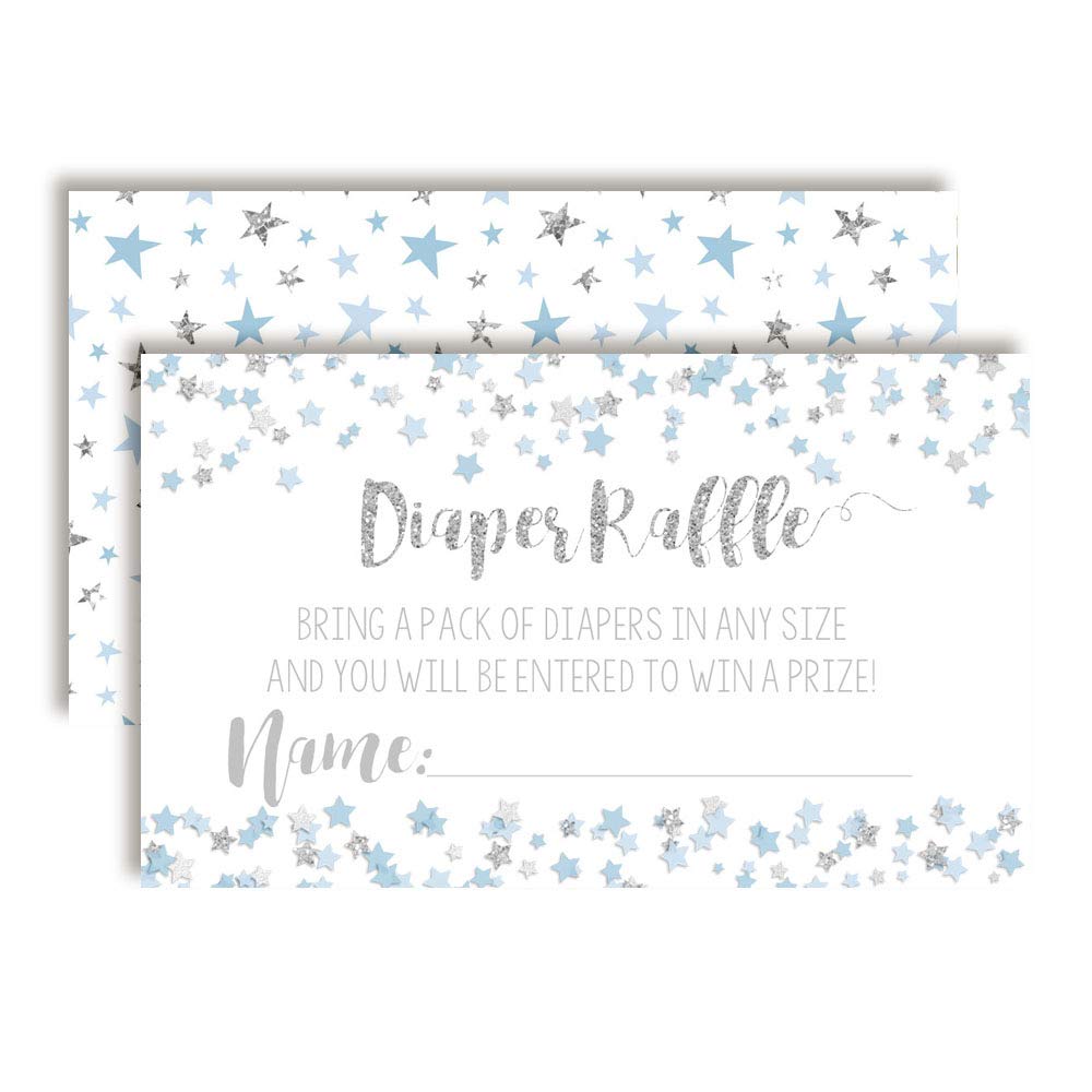 Amanda Creation Blue & Silver Twinkle Little Star Diaper Raffle Tickets for Boy Baby Showers, 20 2" X 3” Double Sided Inserts, Bring a Pack of Diapers to Win Favors & Prizes!