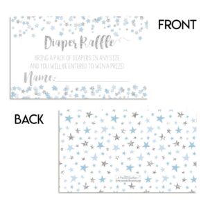 Amanda Creation Blue & Silver Twinkle Little Star Diaper Raffle Tickets for Boy Baby Showers, 20 2" X 3” Double Sided Inserts, Bring a Pack of Diapers to Win Favors & Prizes!