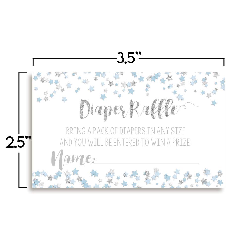 Amanda Creation Blue & Silver Twinkle Little Star Diaper Raffle Tickets for Boy Baby Showers, 20 2" X 3” Double Sided Inserts, Bring a Pack of Diapers to Win Favors & Prizes!