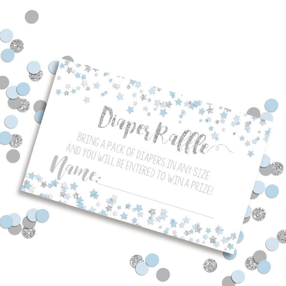 Amanda Creation Blue & Silver Twinkle Little Star Diaper Raffle Tickets for Boy Baby Showers, 20 2" X 3” Double Sided Inserts, Bring a Pack of Diapers to Win Favors & Prizes!