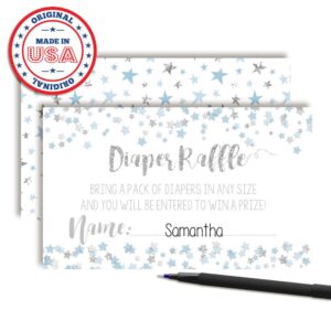 Amanda Creation Blue & Silver Twinkle Little Star Diaper Raffle Tickets for Boy Baby Showers, 20 2" X 3” Double Sided Inserts, Bring a Pack of Diapers to Win Favors & Prizes!