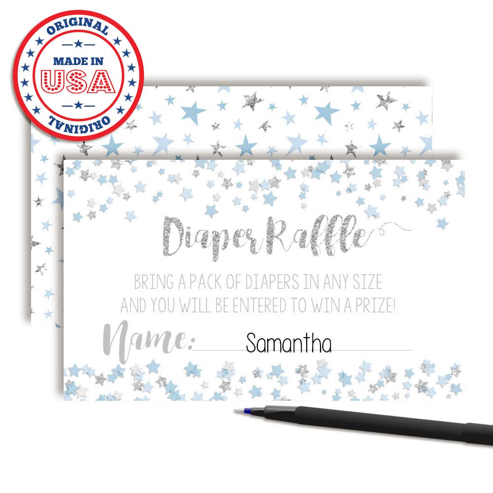 Amanda Creation Blue & Silver Twinkle Little Star Diaper Raffle Tickets for Boy Baby Showers, 20 2" X 3” Double Sided Inserts, Bring a Pack of Diapers to Win Favors & Prizes!