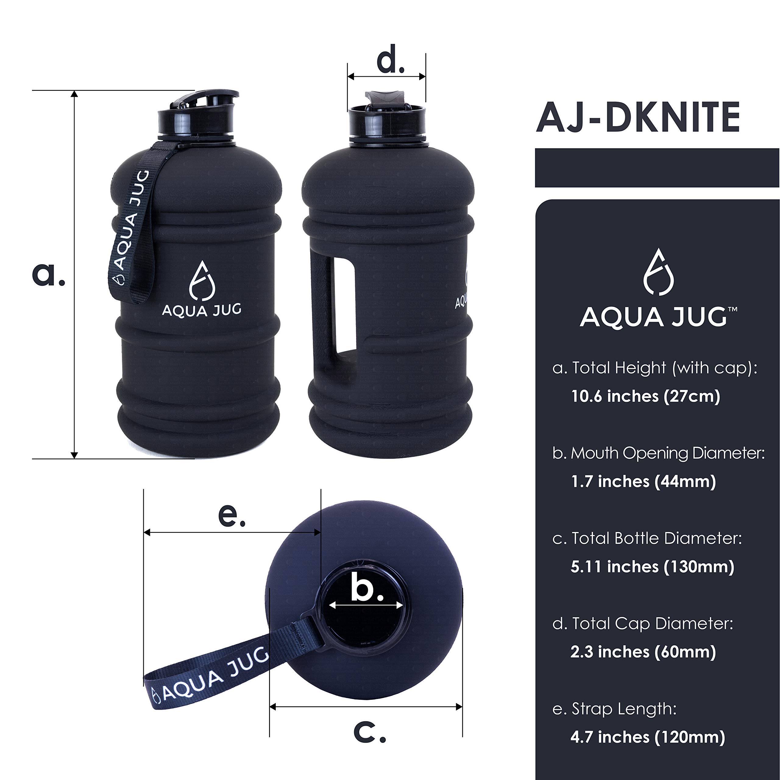 Aqua Jug Big Water Bottle, Dishwasher Safe BPA Free Drinking Water, Dark Knight Black 2.2L, Great for Gym Fitness Workout Sports Hiking and More