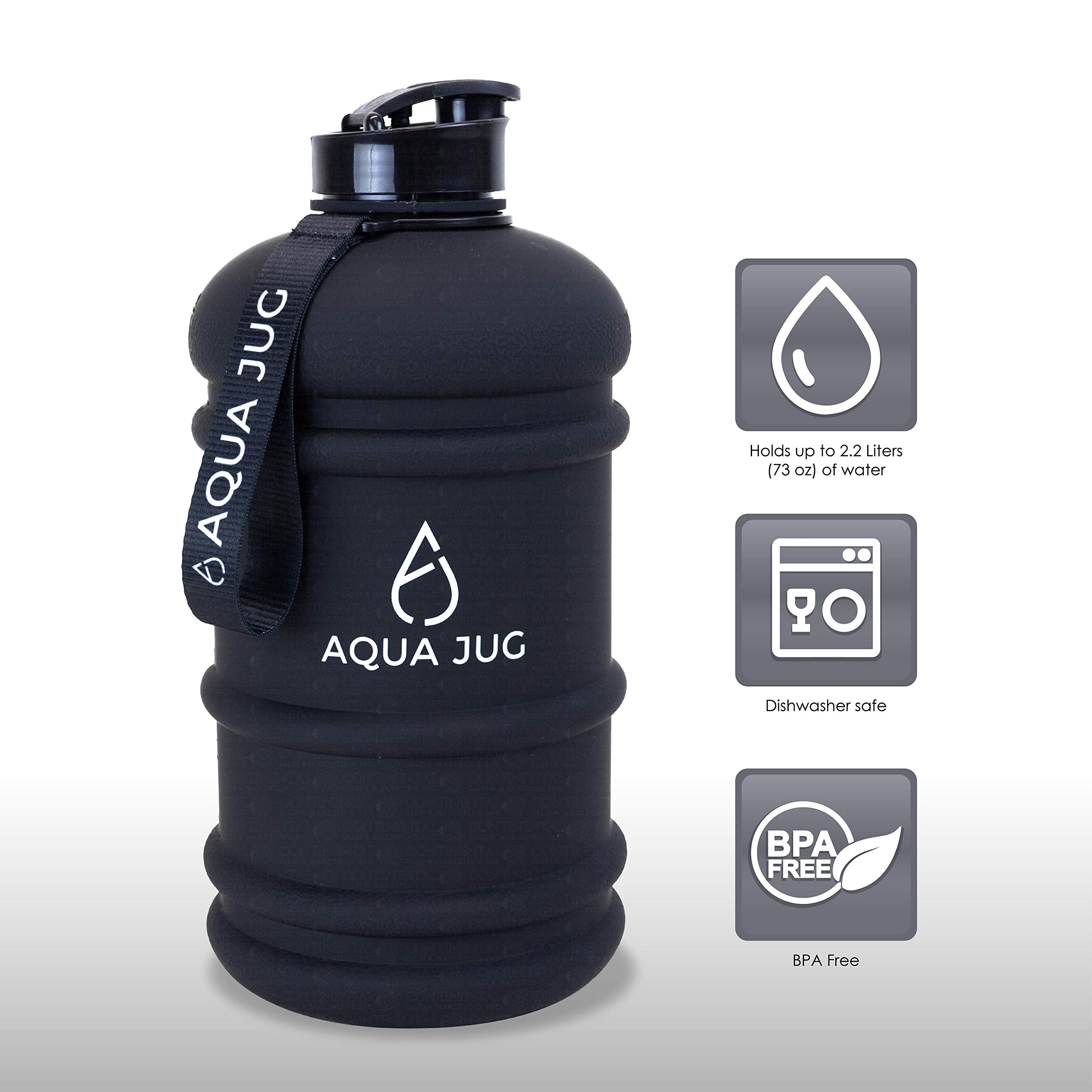 Aqua Jug Big Water Bottle, Dishwasher Safe BPA Free Drinking Water, Dark Knight Black 2.2L, Great for Gym Fitness Workout Sports Hiking and More