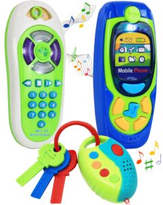 click n' play pretend play cell phone tv remote & car key accessory playset for kids with lights music & sounds (set of 3)