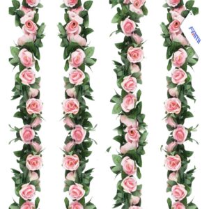 fami 4pcs(28.8 ft,16 flowers) artificial rose vine garland silk flower hanging baskets plants for indoor outdoor home wedding arch garden wall decor-pink