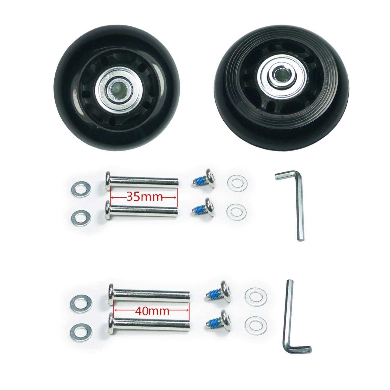 Ricrrover Luggage Suitcase Wheels Replacement Kit OD 90 * 24mm/3.54 * 0.94in w/ 6mm abec 608zz skate Inline Outdoor Skate Wheels, Set of (2) Wheels (OD:90 W:24 ID:6 Axles:35/40mm)