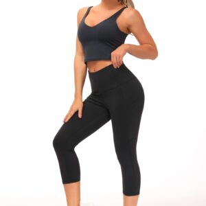 THE GYM PEOPLE Thick High Waist Capris Yoga Pants with Pockets, Tummy Control Workout Running Yoga Leggings for Women Black