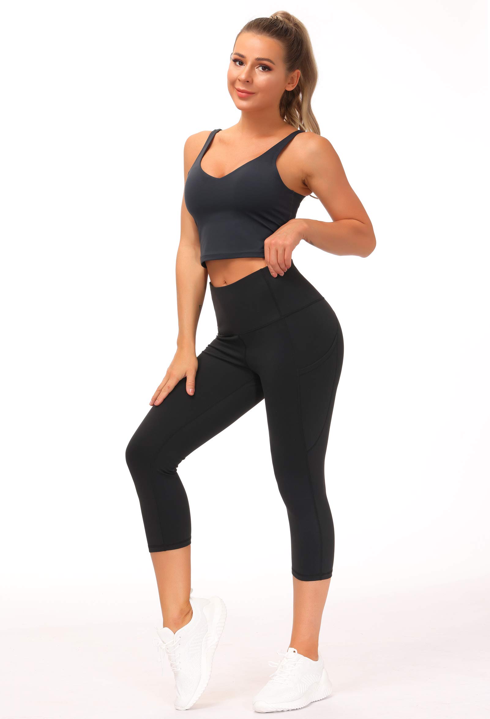 THE GYM PEOPLE Thick High Waist Capris Yoga Pants with Pockets, Tummy Control Workout Running Yoga Leggings for Women Black