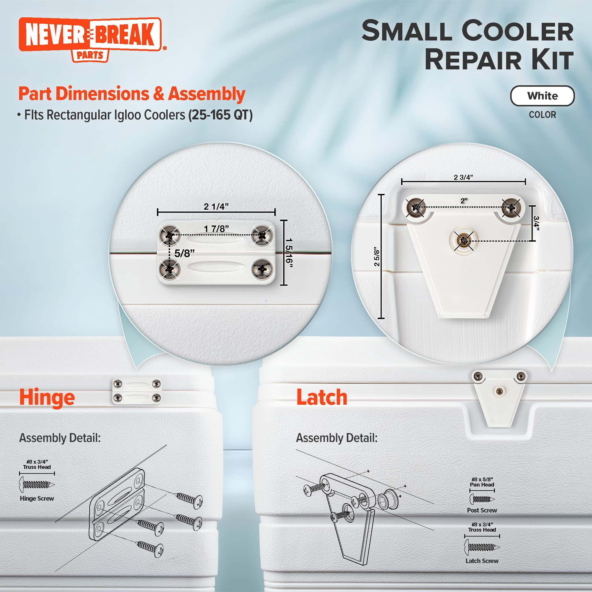 NeverBreak Parts - Igloo Cooler Replacement Parts - Small White Kit (2 Hinges, 1 Latch with Post and Screws) | High Strength Igloo Cooler Hinges Replacement with Latch