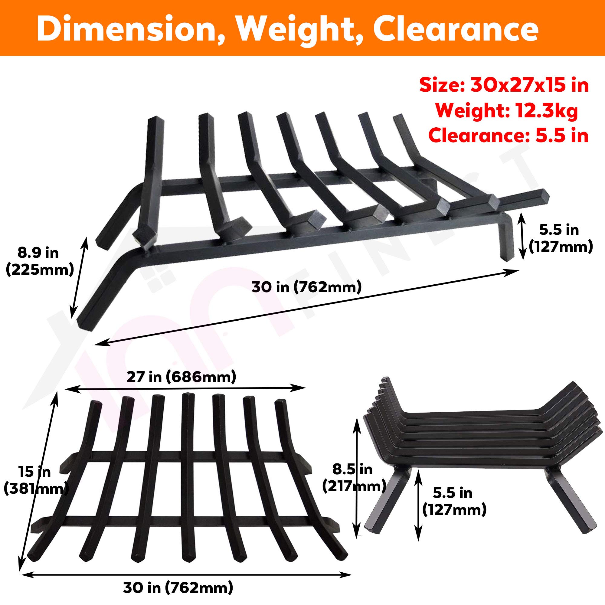 INNFINEST Fireplace Log Grate 30 inch 7 Bar Fire Grates Heavy Duty 3/4” Wide Solid Steel Indoor Chimney Hearth Outdoor Fire Place Kindling Tool Pit Wrought Iron Wood Stove Firewood Burning Rack Holder