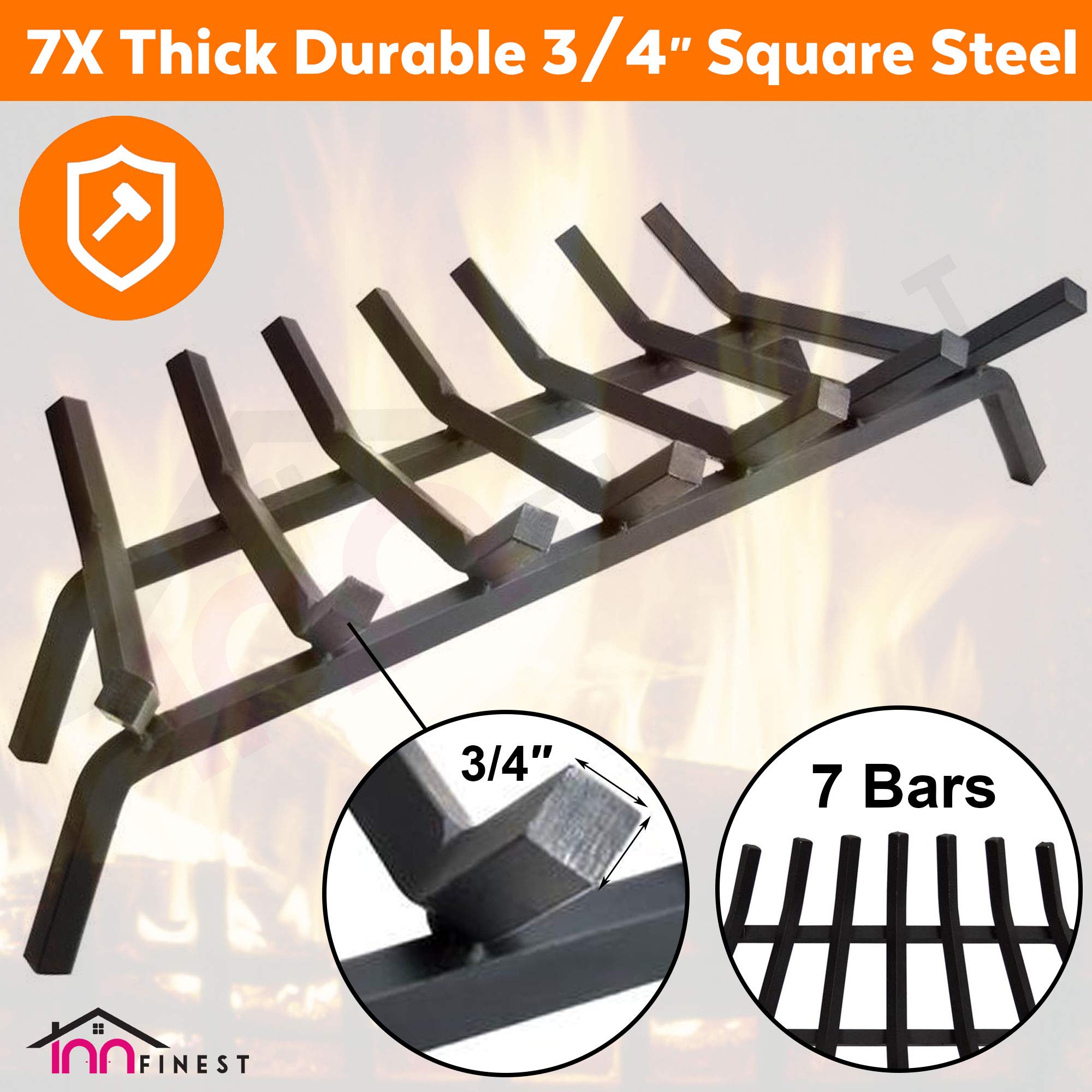 INNFINEST Fireplace Log Grate 30 inch 7 Bar Fire Grates Heavy Duty 3/4” Wide Solid Steel Indoor Chimney Hearth Outdoor Fire Place Kindling Tool Pit Wrought Iron Wood Stove Firewood Burning Rack Holder