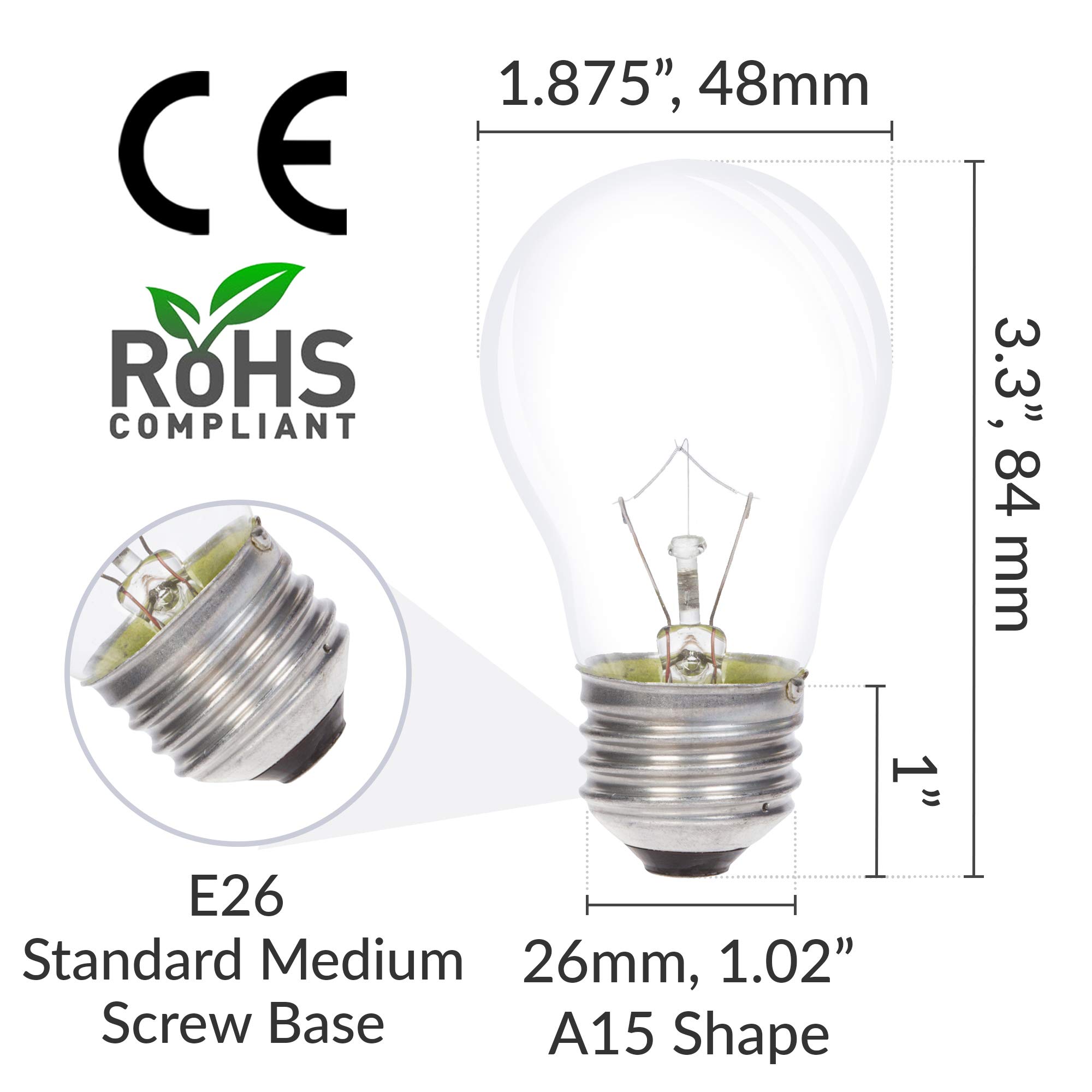 Simba Lighting Appliance Light Bulb A15 40W (6 Pack) Incandescent Mini-Standard Shape with E26 Standard Medium Screw Base for Refrigerators, Ovens, 110V 120V 130V, Dimmable, 2700K Warm White