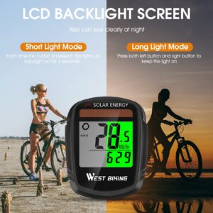 Bike Computer with Solar Energy Bicycle Speedometer and Odometer Wireless Waterproof Cycling Computer LCD Backlight Automatic Wake-up & Multi-Functions