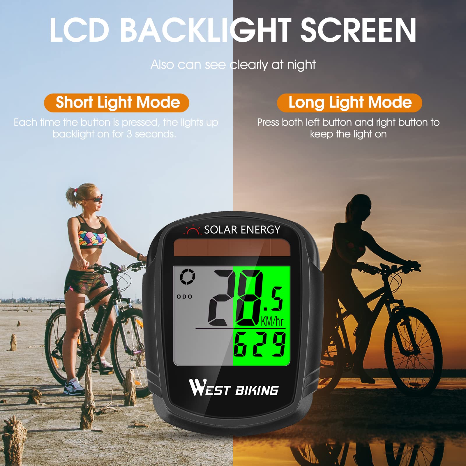 Bike Computer with Solar Energy Bicycle Speedometer and Odometer Wireless Waterproof Cycling Computer LCD Backlight Automatic Wake-up & Multi-Functions