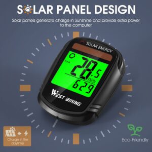 Bike Computer with Solar Energy Bicycle Speedometer and Odometer Wireless Waterproof Cycling Computer LCD Backlight Automatic Wake-up & Multi-Functions