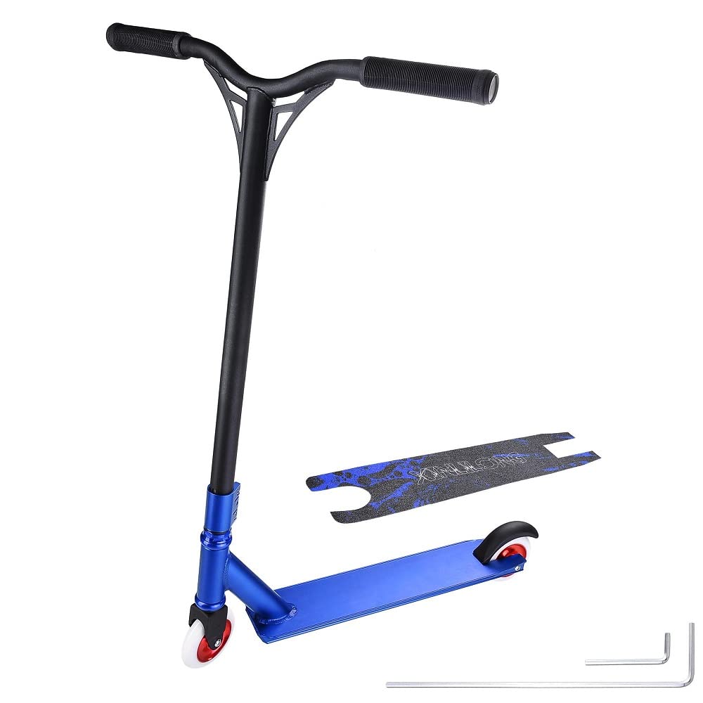 Blue Pro Aluminum Tricks Stunt Scooter for Adult Extra Wide Steel Handle Bar Max Capacity 220Lbs 4" 88A PU Solid Wheels 3-Bolt Safety Lock Rear Aluminum Brake US Delivery (Blue)