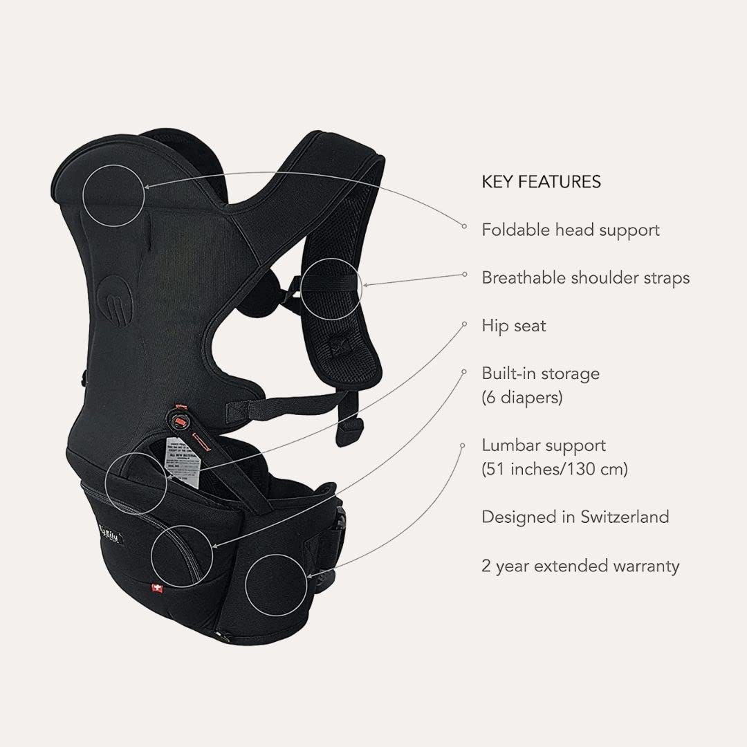 MiaMily Hipster™ Essential Hip Seat Baby Carrier with 3 Carry Positions incl. Ergonomic Forward-Facing, Built-in Storage, Adjustable Waist Belt, for Babies and Toddlers from 4m to 4y, Black