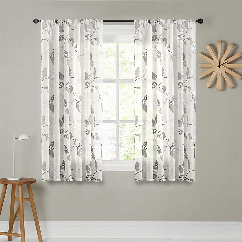 MRTREES Voile Sheer Curtain Panels, Sheer Curtains Drapes Rod Pocket, Flower Printed Embroidery Window Curtain Treatments for Bedroom Living Room Bathroom Window(2 Panels, 54x63 Inches, Grey)