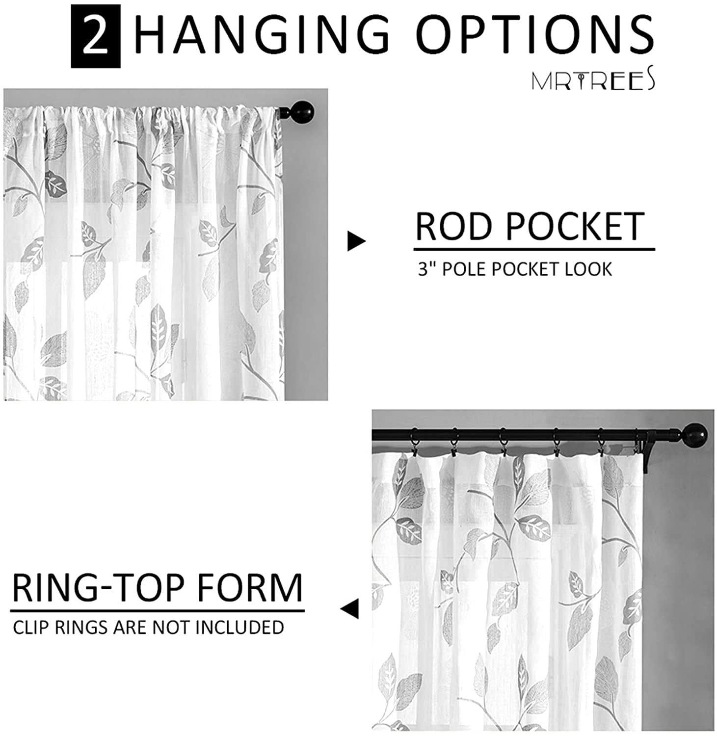 MRTREES Voile Sheer Curtain Panels, Sheer Curtains Drapes Rod Pocket, Flower Printed Embroidery Window Curtain Treatments for Bedroom Living Room Bathroom Window(2 Panels, 54x63 Inches, Grey)