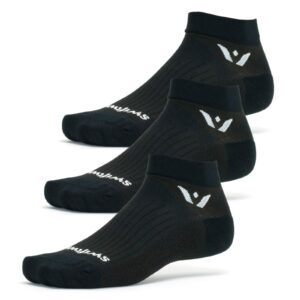 swiftwick - performance one (3 pairs) running & golf socks, lightweight cushion (black, large)