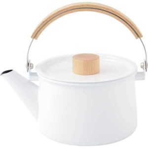 kaico kettle 1.45l(49oz) by makoto koizumi spotless enamel-coated steel stunning beech wood handle maple knob clean minimalist design brightening kitchen