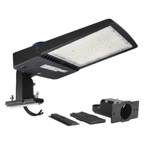 300w led parking lot light with dusk to dawn photocell, 42000lm 5700k led shoebox pole light outdoor commercial street area lighting, 0-10v dim - direct arm & slip fitter in one mount (ul-listed)