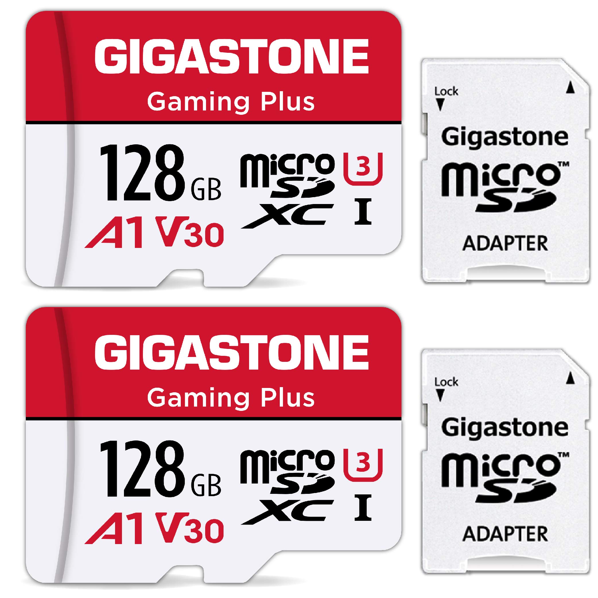 Gigastone 128GB 2-Pack Micro SD Card, Gaming Plus, Nintendo-Switch Compatible, R/W 100/50MB/s, 4K Video Recording, Micro SDXC UHS-I A1 U3 Class 10, with Adapter