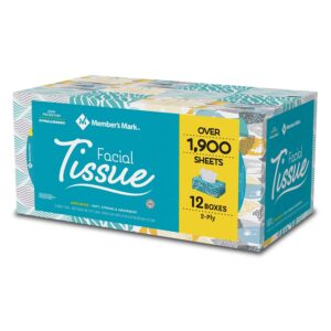 member's mark member's mark soft & strong facial tissues, 12 flat boxes, 160 2-ply tissues per box