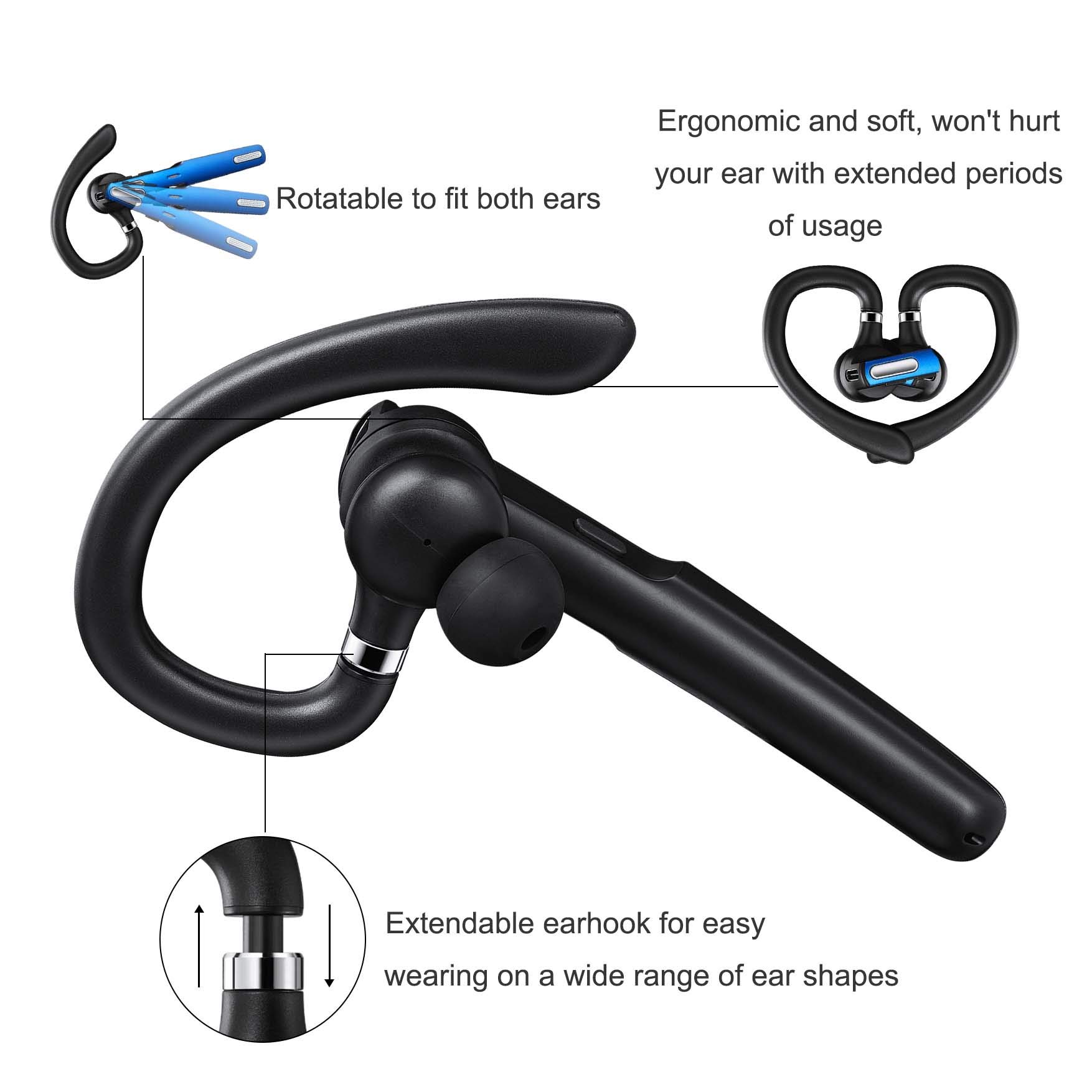 COMEXION Bluetooth Headset, Wireless Bluetooth Earpiece V5.0 Hands-Free Earphones with Stereo Noise Canceling Mic, Compatible iPhone Android Cell Phones Driving/Business/Office